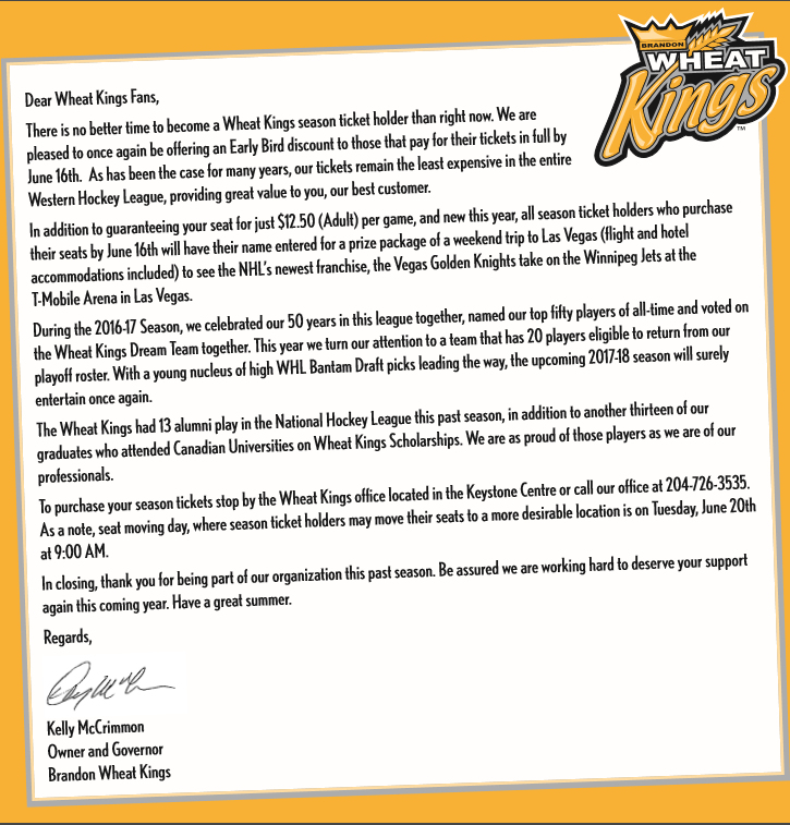 A LETTER FROM KELLY MCCRIMMON - Brandon Wheat Kings