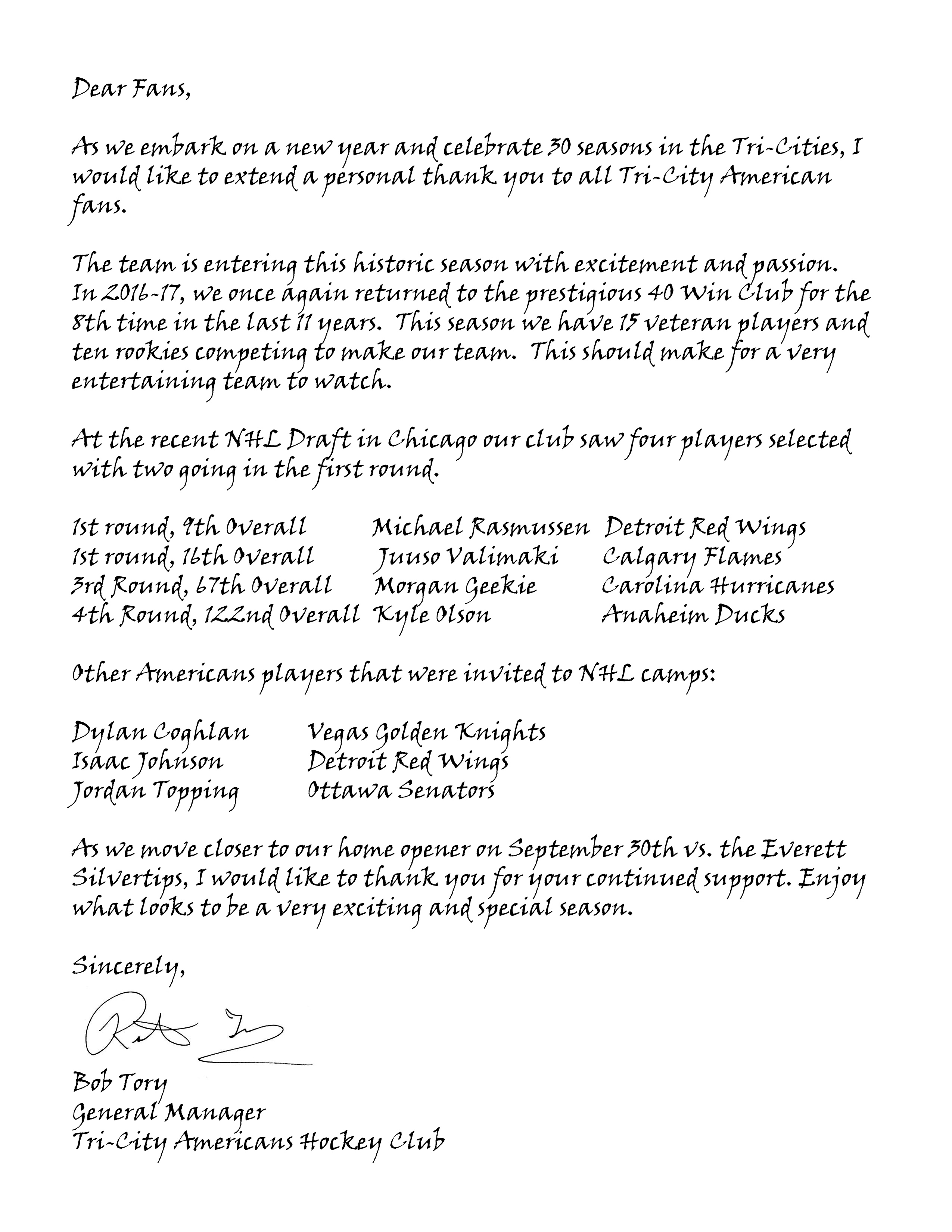 Bob Tory pens a Letter to the Fans - Tri-City Americans