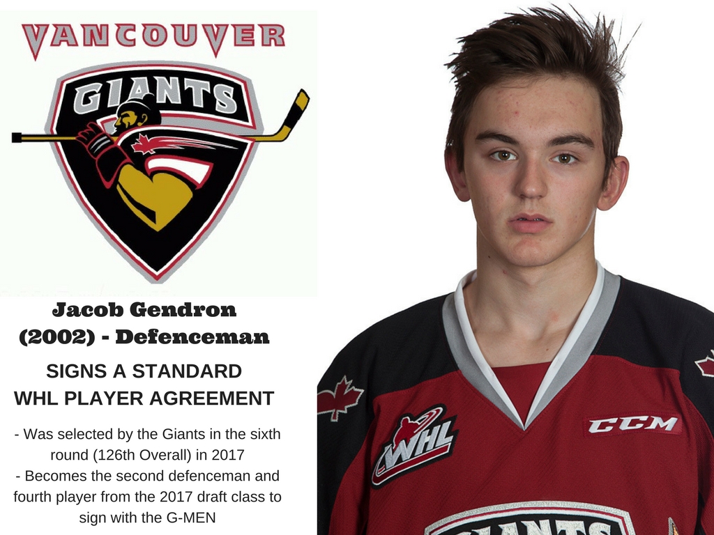 Giants Sign Defenceman Jacob Gendron - Vancouver Giants