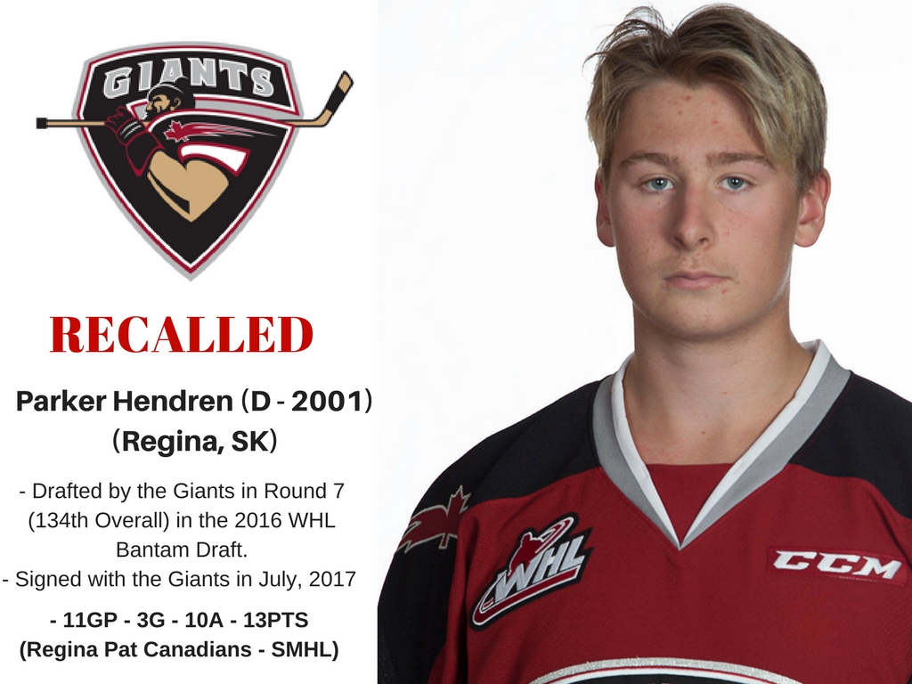 Giants Recall Defenceman Parker Hendren - Vancouver Giants
