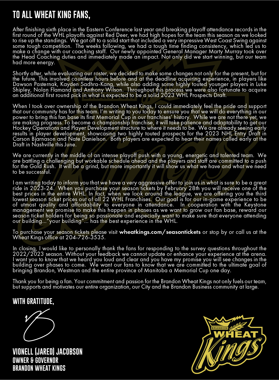 A LETTER TO THE FANS - Brandon Wheat Kings