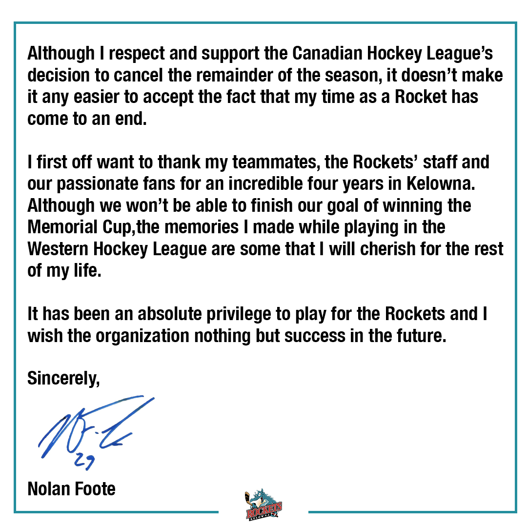 A note from Nolan Foote - Kelowna Rockets