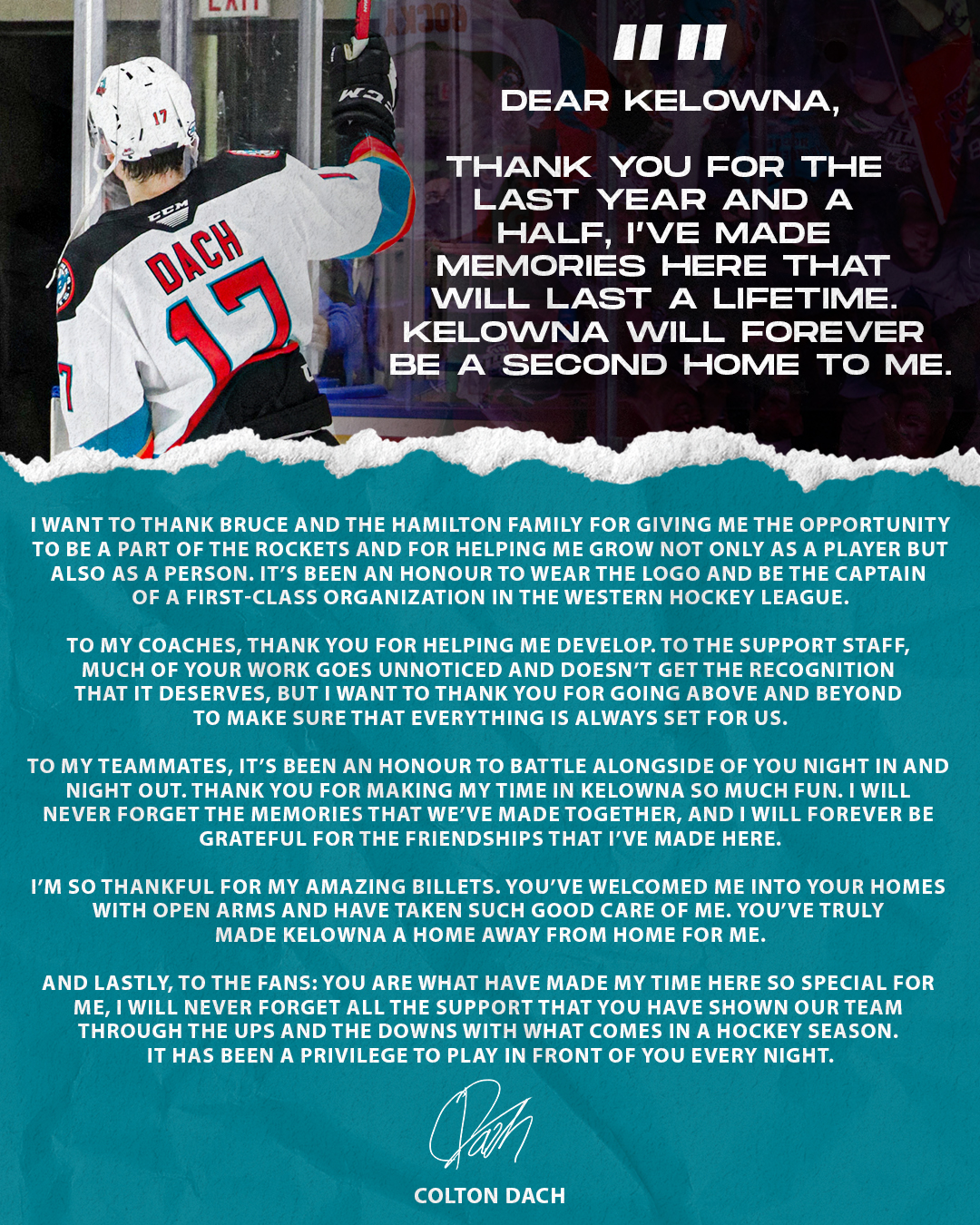 A note from Colton Dach - Kelowna Rockets