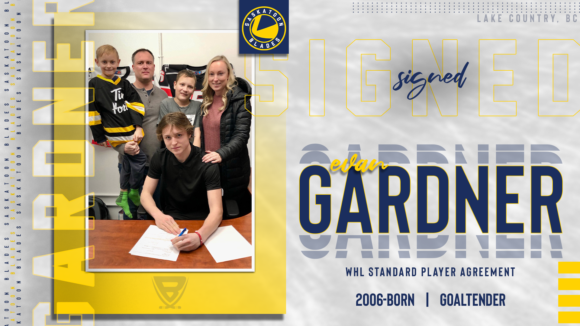 Blades ink 2006-born netminder Evan Gardner - Saskatoon Blades