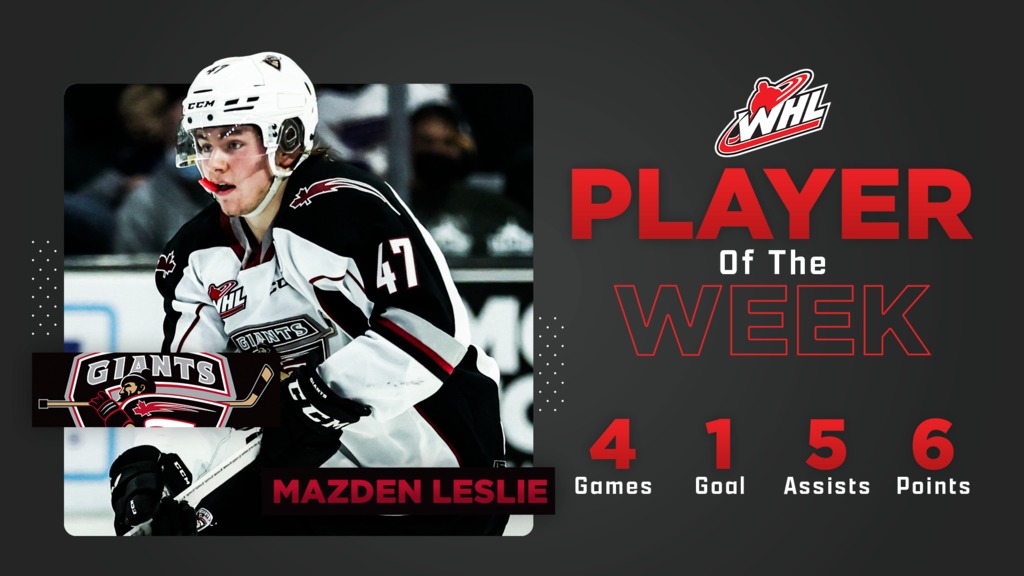 Giants defenceman Leslie named WHL Player of the Week – WHL Network Giants defenceman Leslie named WHL Player of the Week – WHL Network