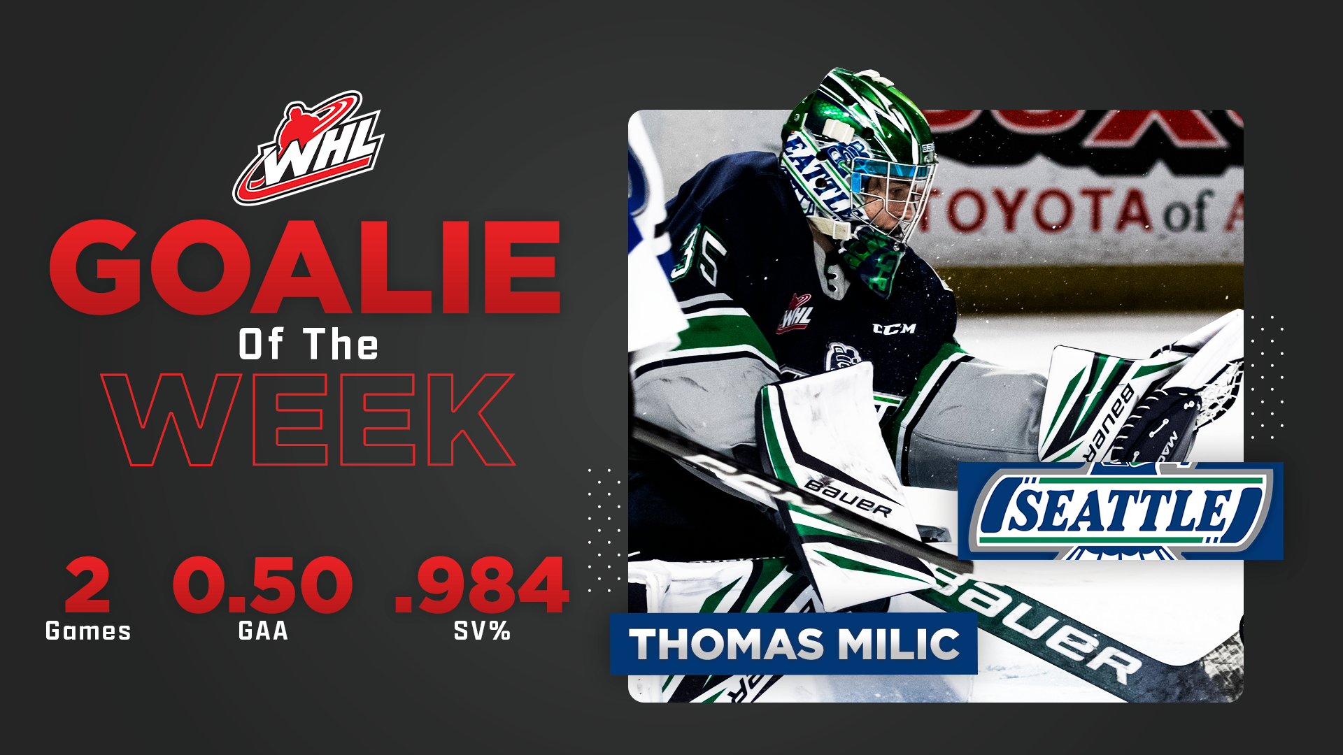 Thunderbirds netminder Milic named WHL Goaltender of the Week - Western ...
