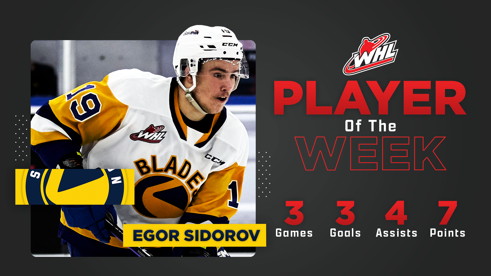 Blades forward Sidorov named WHL Player of the Week - Saskatoon Blades