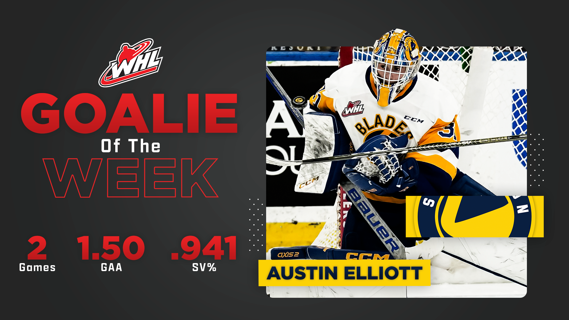 Blades netminder Elliott named WHL Goaltender of the Week - Western ...