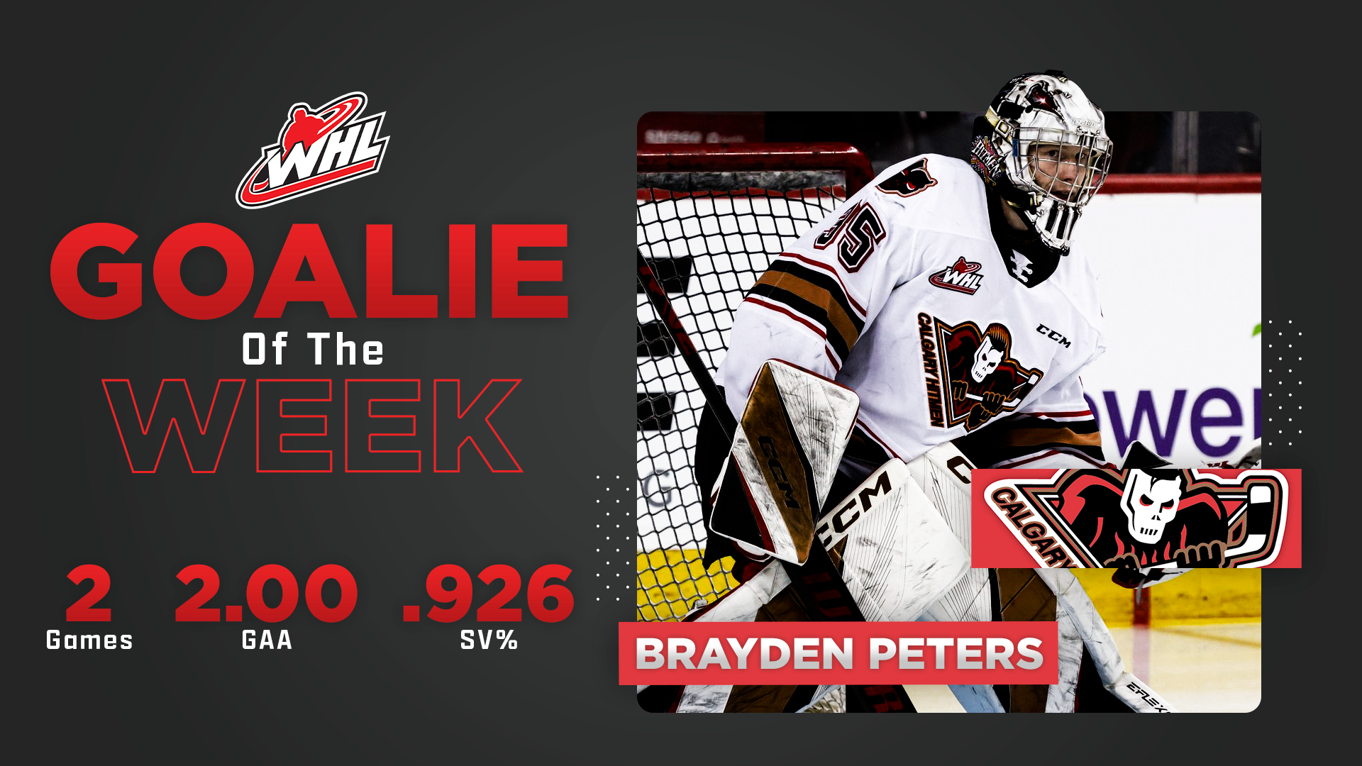 Hitmen netminder Peters named WHL Goaltender of the Week - Western Hockey League